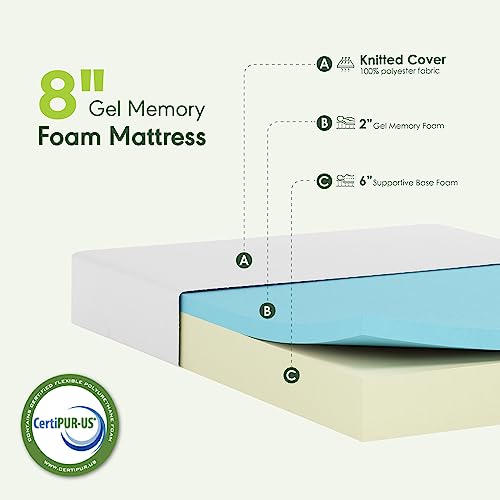 Furinno Tidur Cooling Gel Memory Foam Mattress, 8 Inch, Queen, White