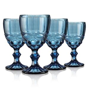 joeyan blue vintage wine glasses,clear water goblet glasses,stemmed drinking glasses with embossed pattern,colored glassware set for wedding party banquet feast,10 oz,set of 4,dishwasher safe