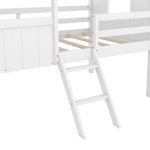 Twin House Bed for Kids Wood Low Loft Bed Frame with Windows and Roof, Easy Assembly, for Girls Boys (White+Gray)