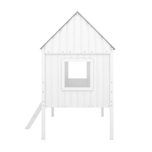 Twin House Bed for Kids Wood Low Loft Bed Frame with Windows and Roof, Easy Assembly, for Girls Boys (White+Gray)