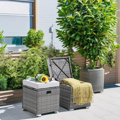 Patiorama 2 Piece Outdoor Patio Ottomans,All-Weather Grey PE Rattan Wicker Ottoman with Storage,Outdoor Footrest Footstool Seat w/Thick Cushion,Built-in Handle for Backyard Poolside Porch (Light Grey)