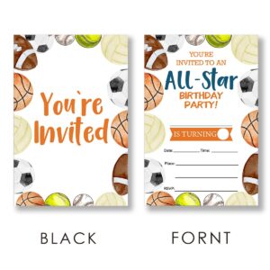 EUDOSI Colorful Sports Theme Birthday Party Invitations Supplies Fill-In Set of 20 with Envelopes Football Baseball Basketball Sports Birthday Bash Invites Cards, Double Sided