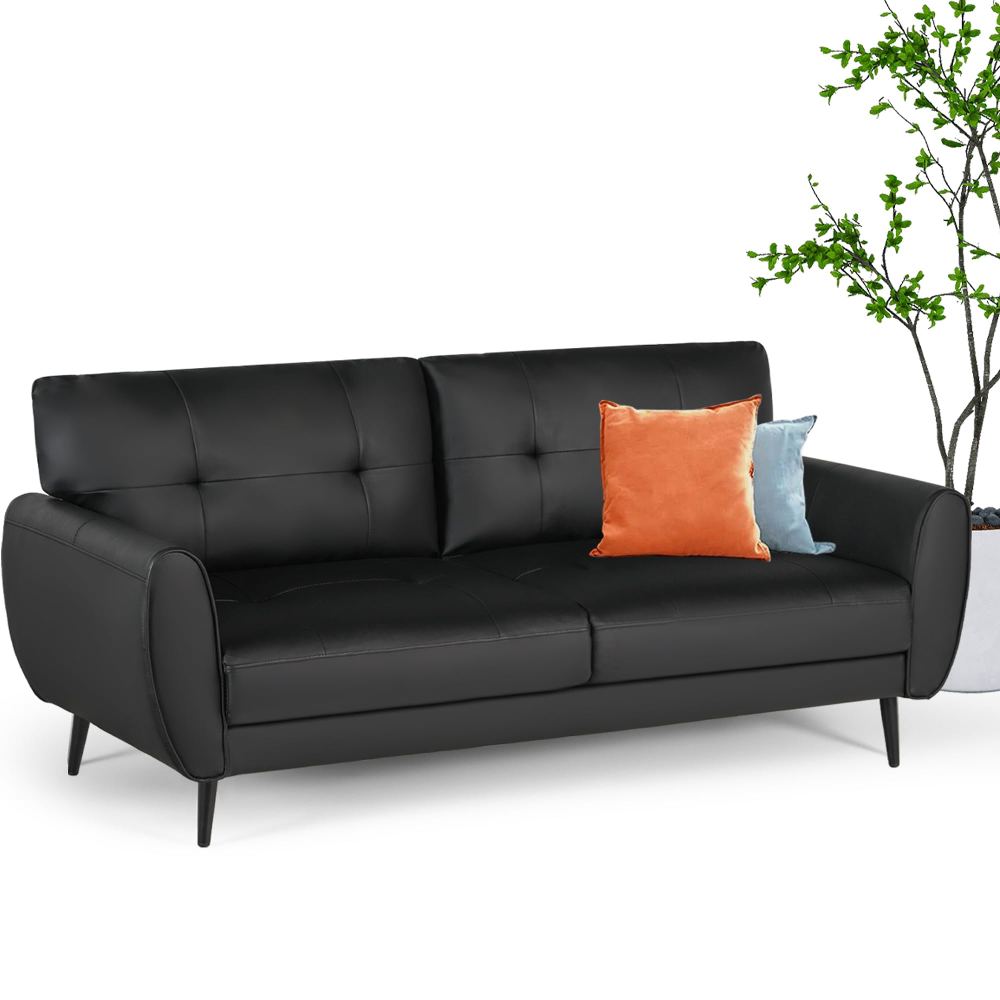 VAMEPOLE Sofa Couch, 60" Loveseat Sofa for Living Room, Mid Century Mini Black Couch, Tufted Leather Love Seat Furniture, Comfy Office Sofa 2 Seat, Small Couches for Small Spaces, Bedroom, Apartment