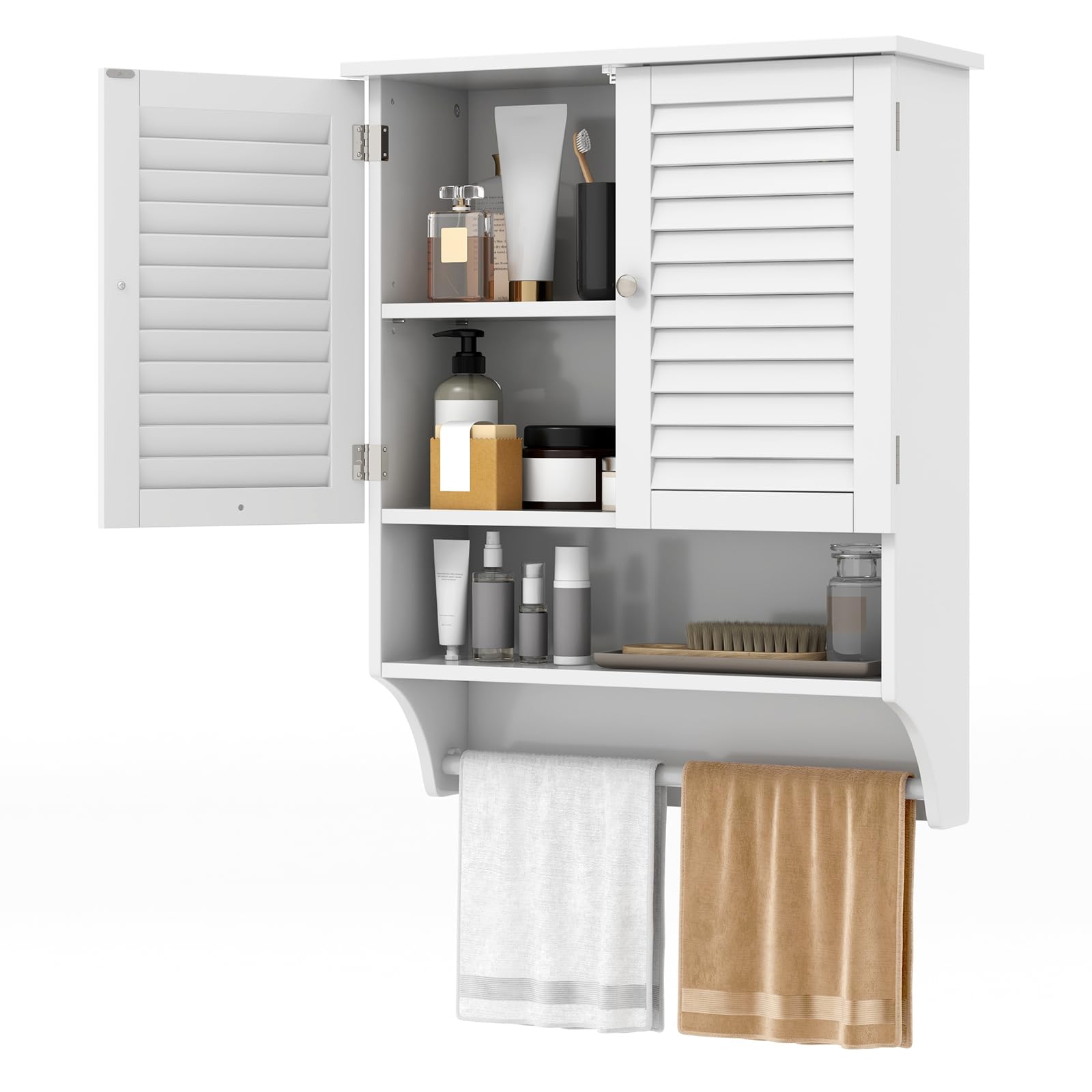 Tangkula Wall Mounted Bathroom Cabinet with Open Shelf & Bar, Medicine Cabinet with Double Louvered Doors, Wall Storage Cabinet with Adjustable Shelf, for Bathroom Living Room Kitchen (White)