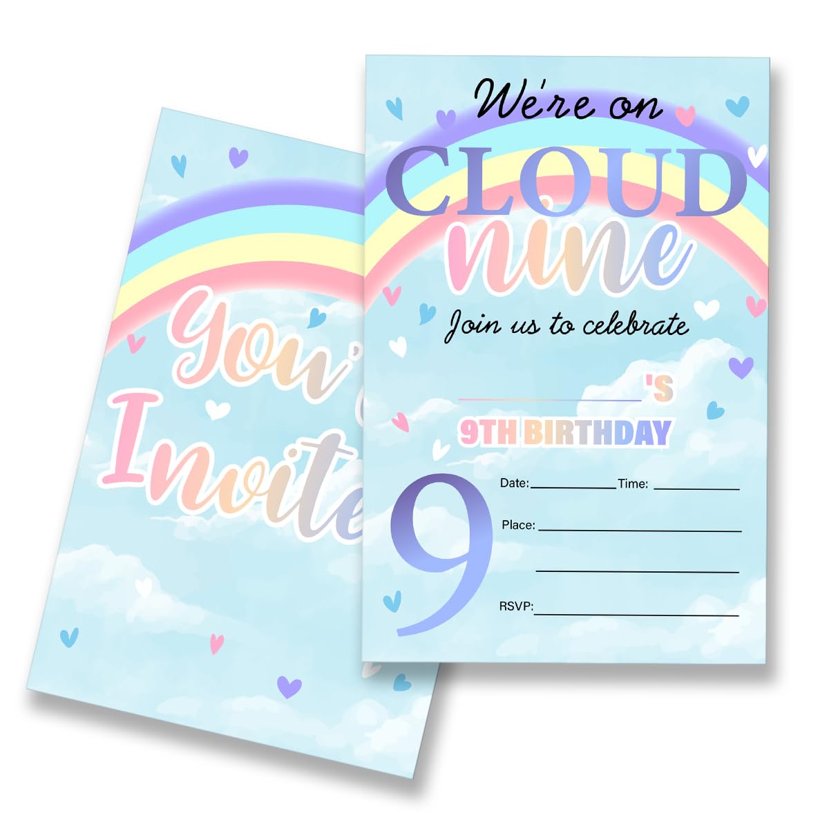 EUDOSI Rainbow Cloud 9th Birthday Party Invitations Supplies Fill-In Set of 20 with Envelopes Watercolor Cloud 9th Birthday Bash Invites Cards, Double Sided