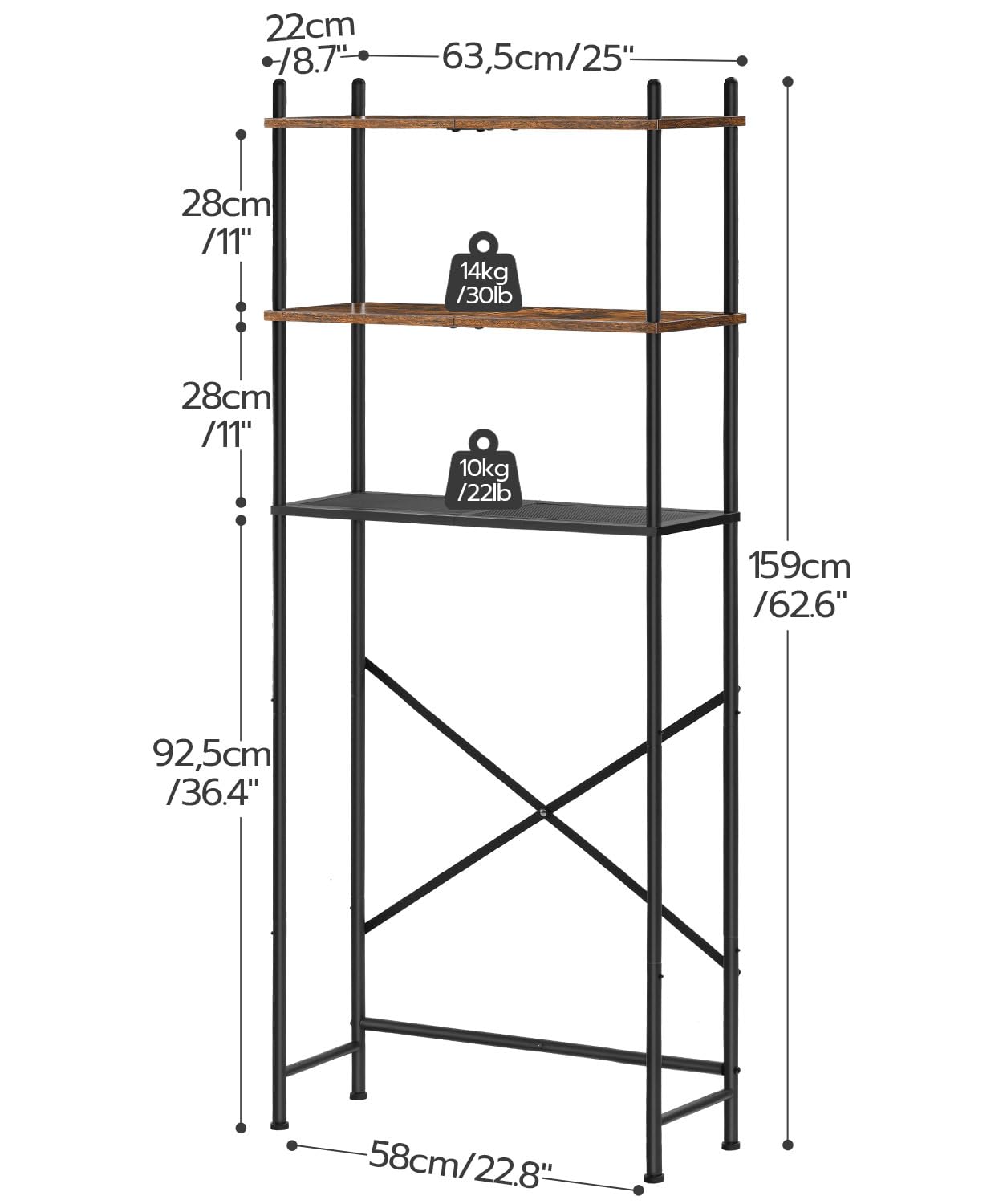 HOOBRO Over The Toilet Storage, 3-Tier Over Toilet Bathroom Organizer, Freestanding Above Toilet Shelf with Adjustable Feet, Space Saving, Easy to Assembly, Rustic Brown and Black BF63TS01