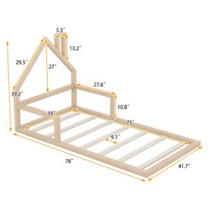 MERITLINE Twin Size Floor Bed with House-Shaped Headboard, Twin Montessori Floor Bed Wood Frame, No Box Spring Needed, for Kids Teens Girls Boys (Natural)