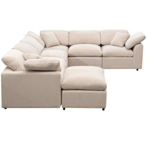 WILLIAMSPACE 130.2" Oversized Beige Sectional Couch Sofa for Living Room, Modular Upholstered Sofa Couch with Ottoman, L Shaped Corner Sectional with 5 Pillows for Spacious Space (Beige)