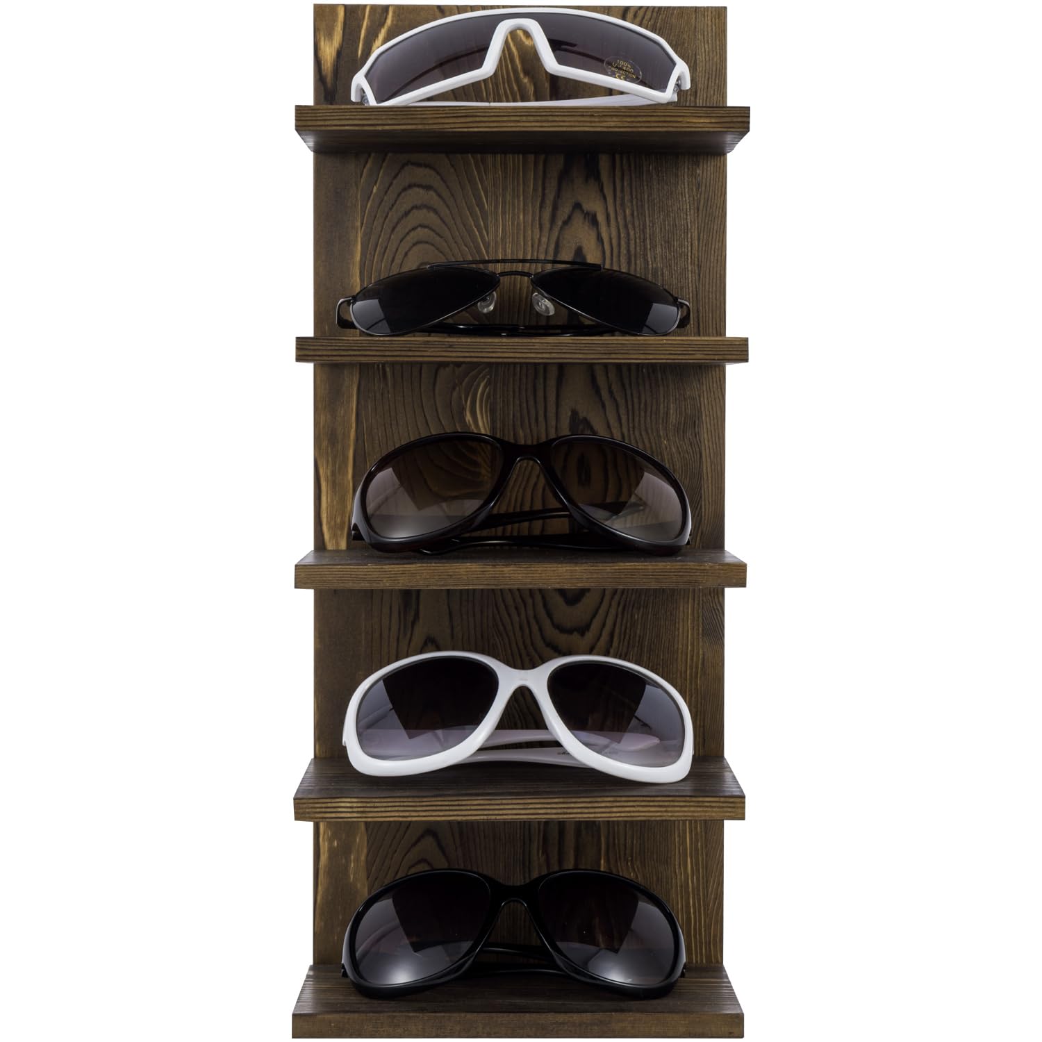 MyGift 5 Tier Rustic Burnt Solid Wood Sunglasses Holder Rack, Wall Mounted Eye Glasses Shelf or Tabletop Display Stand, Retail Eyewear Showcase Storage Organizer