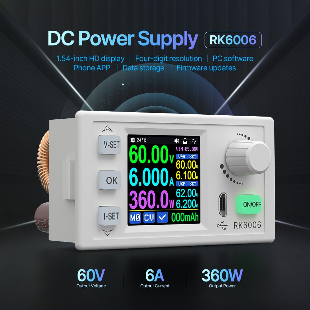 RK6006 60V 6A Adjustable DC-DC Buck Converter | 4-Digit Display | Bench Power Supply for Communication & Voltage Regulation