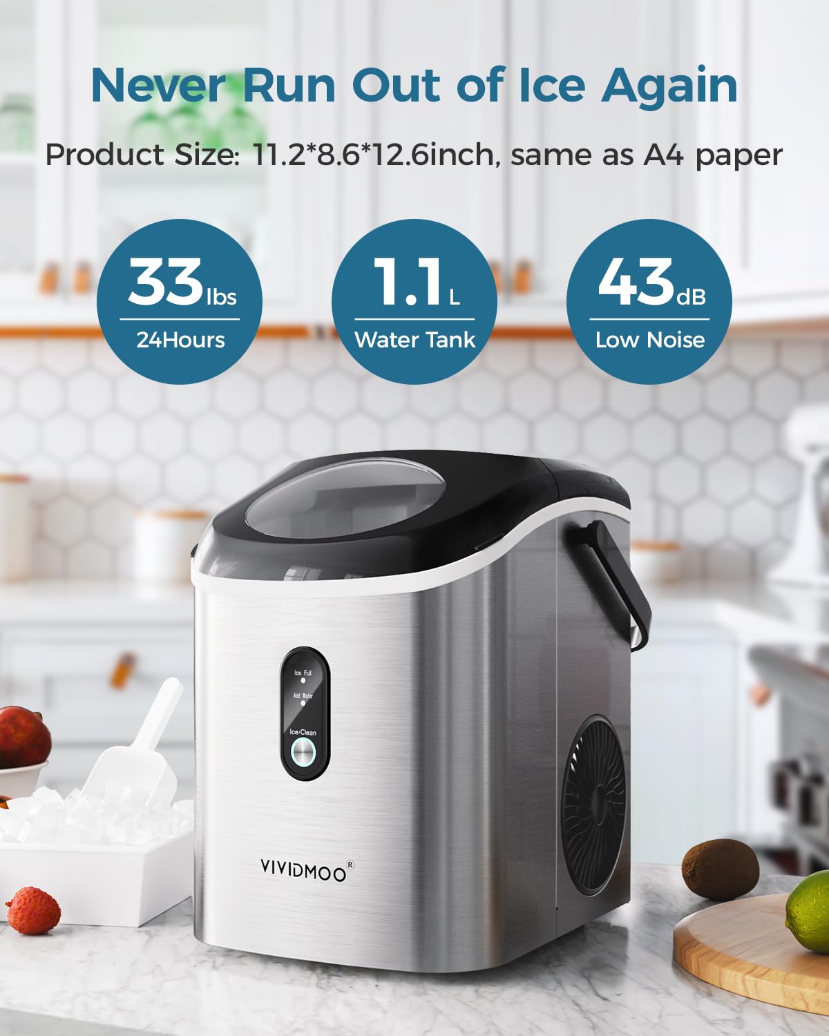 Nugget Ice Maker Countertop, 33 lbs in 24 Hours, Self-Cleaning Sonic Portable, Soft Chewable Pebble Ice in 5 Mins Home/Kitchen/Office,Like-New