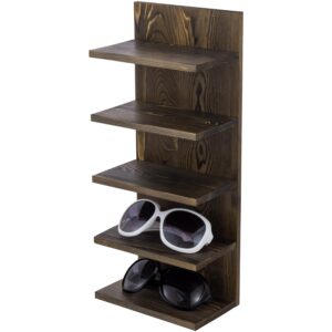 mygift 5 tier rustic burnt solid wood sunglasses holder rack, wall mounted eye glasses shelf or tabletop display stand, retail eyewear showcase storage organizer