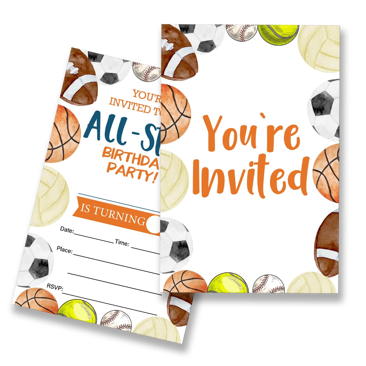 EUDOSI Colorful Sports Theme Birthday Party Invitations Supplies Fill-In Set of 20 with Envelopes Football Baseball Basketball Sports Birthday Bash Invites Cards, Double Sided