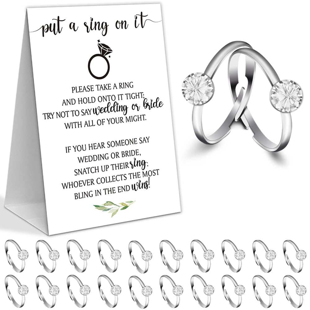 Minimalist Bridal Shower Theme Decorations,Put A Ring On It Game,Don't Say Bride Games,Bridal Shower Games,Wedding Shower,Engagement Party Games(1 Sign And 50 Plastic Diamond Rings)-3