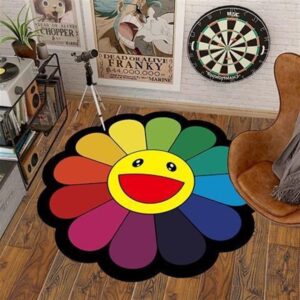 dikfens 48inch takashi murakami happy face rug - colorful flower design - non-slip bottom - soft and cozy - perfect for living room, bedroom. (color : 02, size : 48x48inch(120x120cm