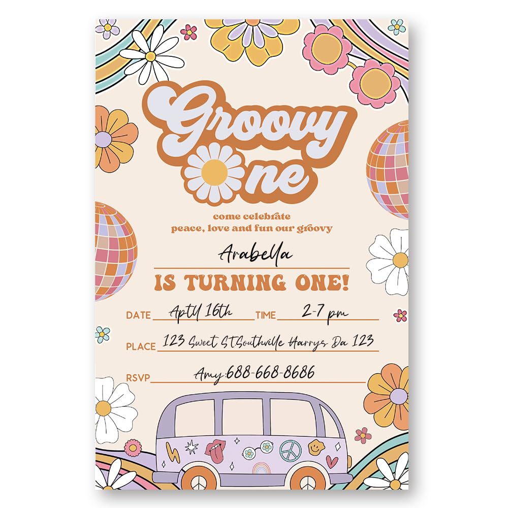 LoaHak Groovy One Birthday Party Invitations Card, Groovy One Party, Groovy One Birthday Invitation. (090)