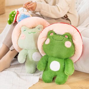 KOJAGARRI Cute Frog Red Hat, Kawaii Plush Toy Frog Fungus Plush Pillow,Interesting Throw Pillow Home Room Decor Kids Adults Birthday Gifts (Dark green frog wearing a red hat, 16.5 in)