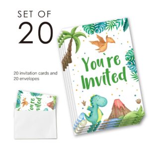 EUDOSI Dinosaur Birthday Party Invitations Supplies Fill-In Set of 20 with Envelopes Dino Theme Birthday Bash Invites Cards, Double Sided