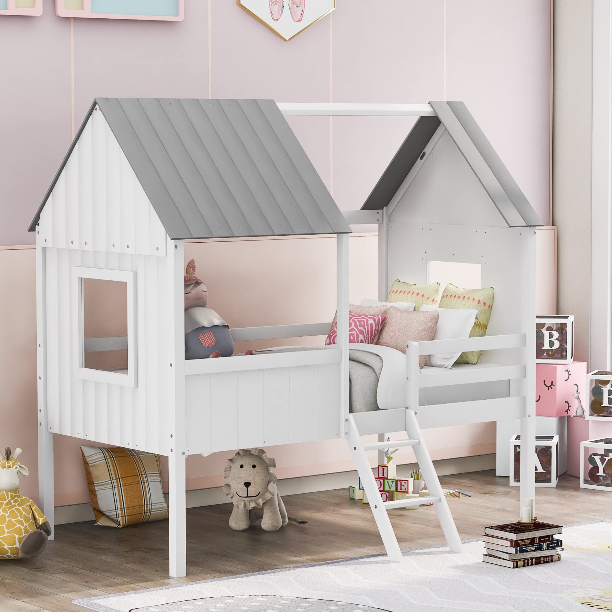 Twin House Bed for Kids Wood Low Loft Bed Frame with Windows and Roof, Easy Assembly, for Girls Boys (White+Gray)