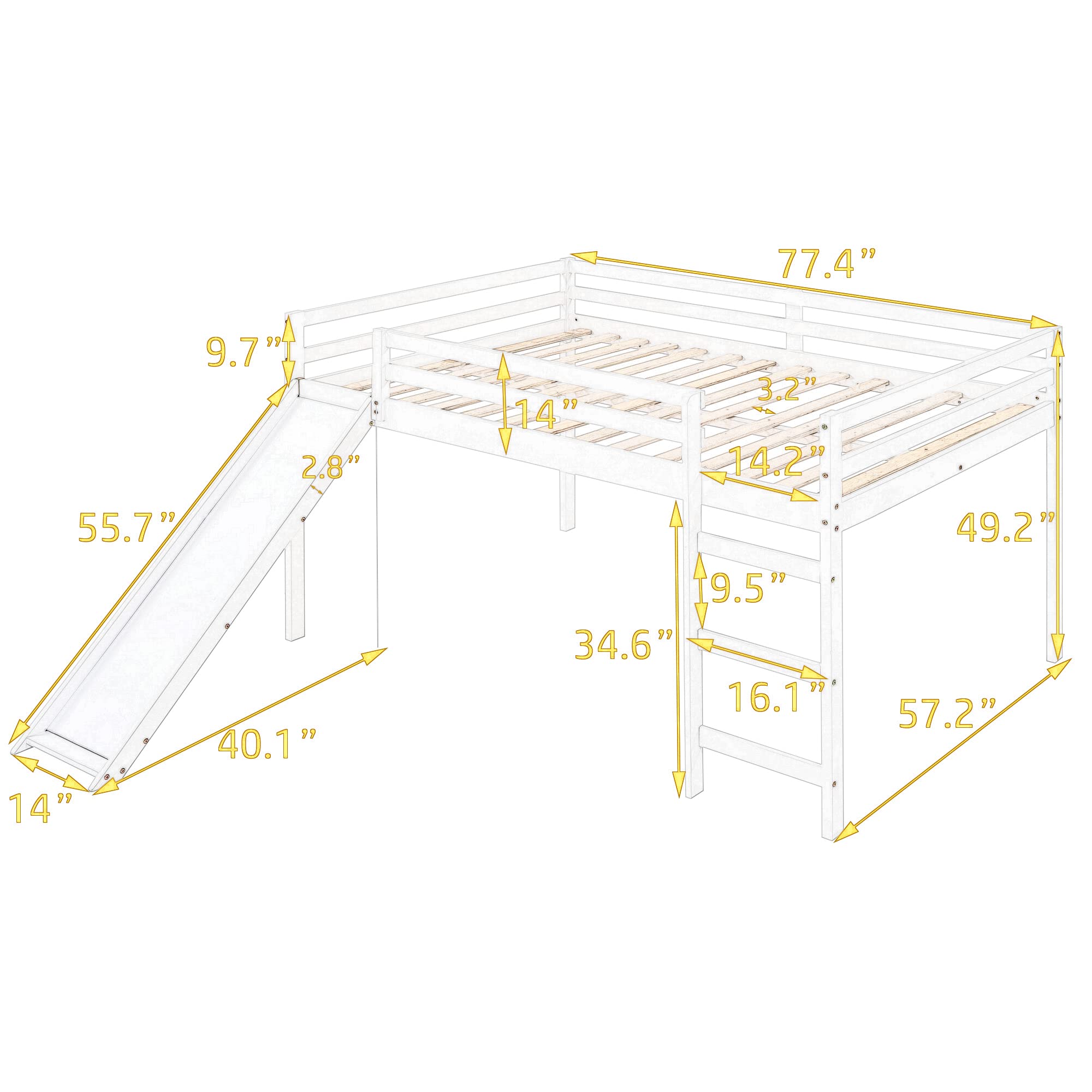 Harper & Bright Designs Full Size Loft Bed with Slide, Solid Wood Low Loft Bed Frame for Kids Girls Boys, Easy Assembly (White)