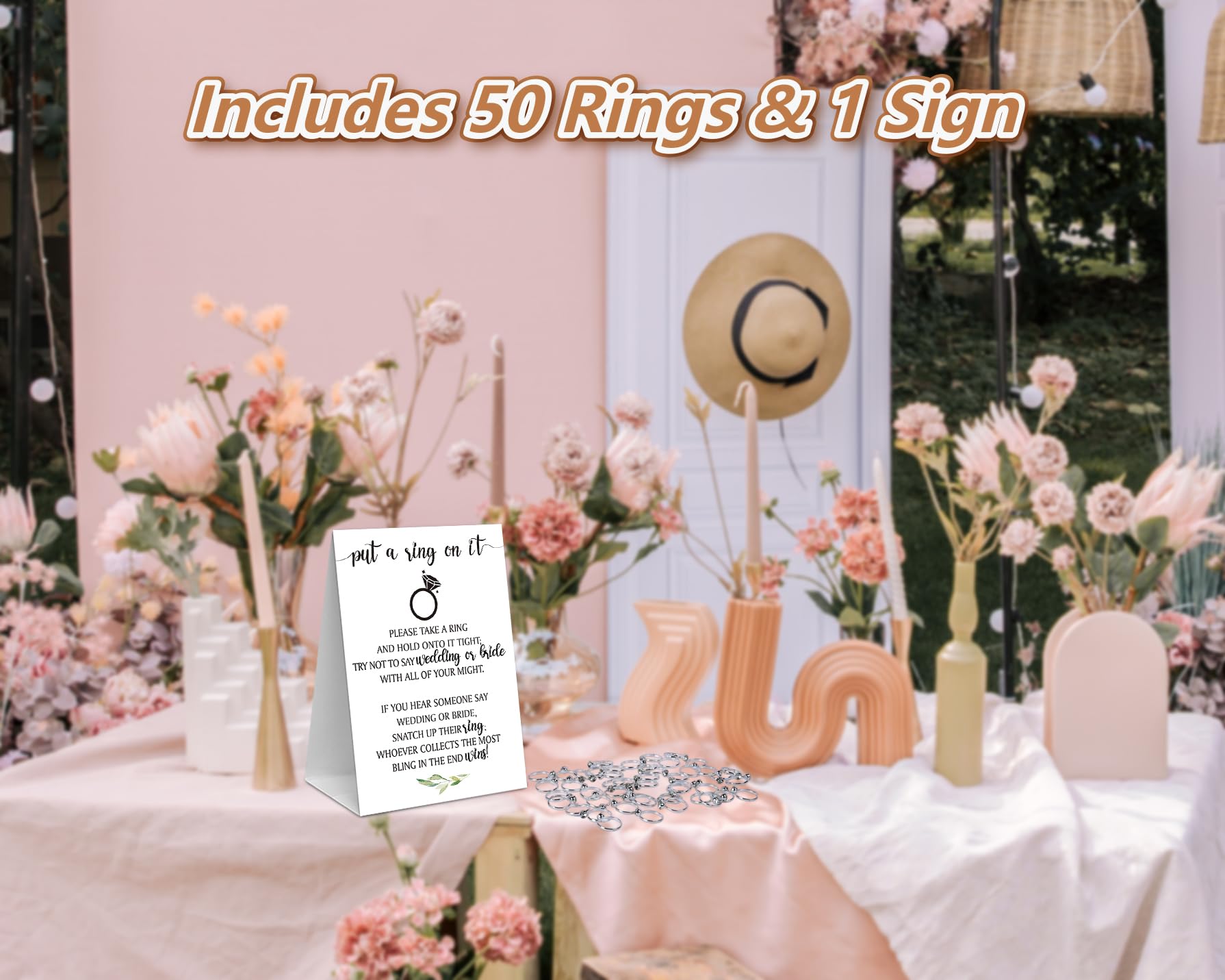 Minimalist Bridal Shower Theme Decorations,Put A Ring On It Game,Don't Say Bride Games,Bridal Shower Games,Wedding Shower,Engagement Party Games(1 Sign And 50 Plastic Diamond Rings)-3