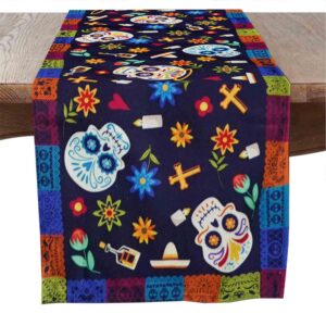 dia de los muertos table runner | day of the dead decoration | 13x72 inch | burlap mexico outdoor indoor decor for mexican fiesta party kitchen dinning room home