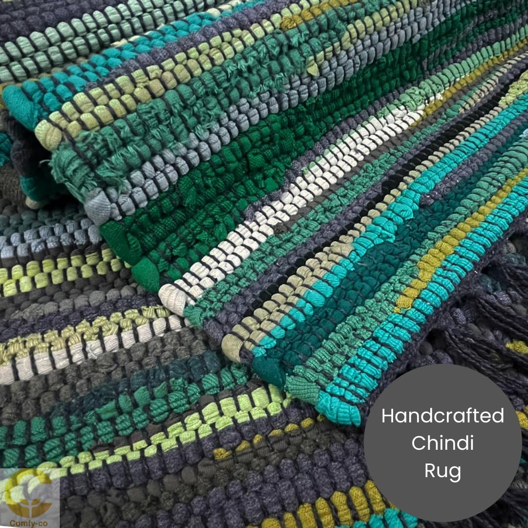 Comfy-co Handcrafted Area Rug Chindi Rug 3x5 ft - Hand-Woven Cotton Area Rag Rug - Reversible Floor Rug for Bedroom Living Room Kitchen Dorm Entryway Hallway - Chindi Area Rug Green Multi