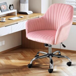 anwickhomk pink vanity desk chair comfy with back and wheels,velvet rolling office chair for vanity makeup room,height adjustable,360 swivel (pink)