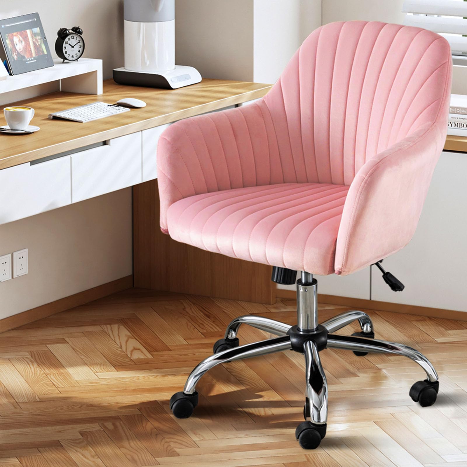 Anwickhomk Pink Vanity Desk Chair Comfy with Back and Wheels,Velvet Rolling Office Chair for Vanity Makeup Room,Height Adjustable,360 Swivel (Pink)