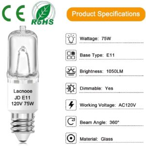 E11 Bulb, JDE11 120V 75W Halogen Light Bulbs, T4 E11 Mini Candelabra Base, Dimmable 2700K Warm White, 4PCS E11 Light Bulb for Chandeliers, Candelabra, Ceiling Fan, Table Lamps, Cabinet Lighting