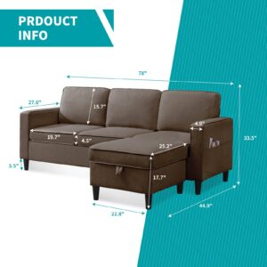 BALUS 78" W Convertible Combination Sofa, L-Shaped Sofa, Linen Couch with Reversible Storage Ottoman, Living Room Small Space Apartment (Coffee)