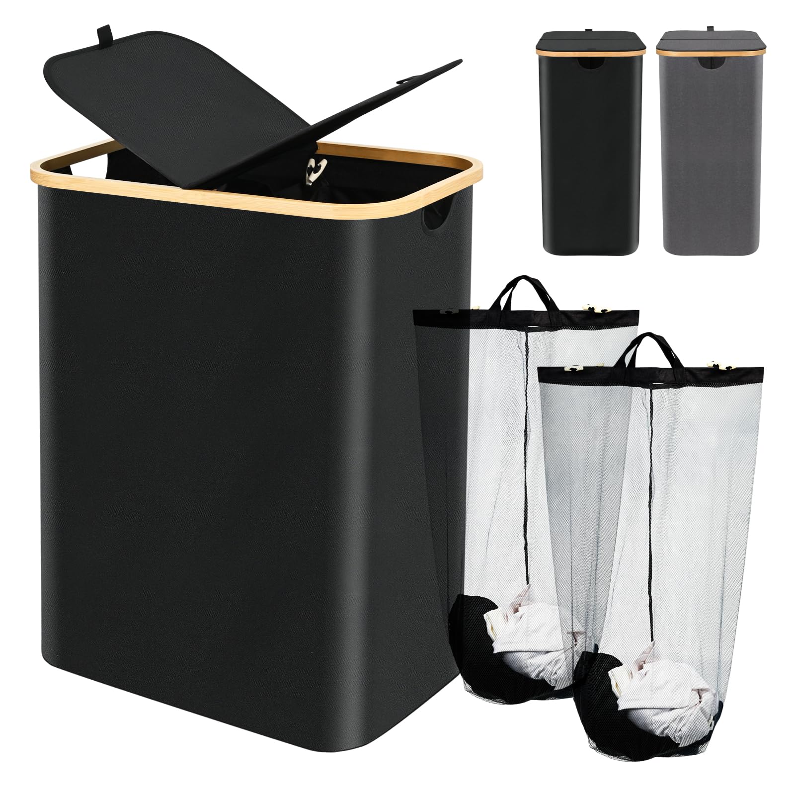 Ollieroo Laundry Hamper with Lid,Collapsible Laundry Basket,160L Large Capacity Laundry Bin with Handles, 2 Section Laundry Sorter with Removable Bags for Bathroom,Bedroom,Laundry Room,Black