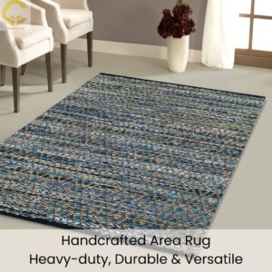 Comfy-co Area Rug Jute Denim Floor Rug 3x5 ft - Hand-Woven Area Rug Farmhouse Rustic - Anti Skid Floor Rug for Bedroom Living Room Kitchen Dorm Entryway Hallway - Area Rug Jute Denim