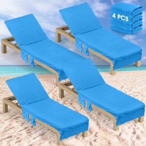 4 pcs cotton beach chair cover soft lounge chair towel sunbathing travel chaise lounge towel cover with pockets on side and top for outdoor beach pool (blue)