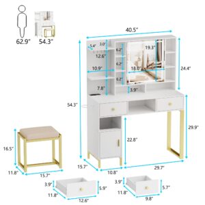 PAKASEPT Makeup Vanity with Lights,White Vanity Desk with Openable Mirror & 3-Color Dimmable, Charging Station, Makeup Desk with Drawer, Hooks, Hidden and Open Storage Shelves, Stool Set