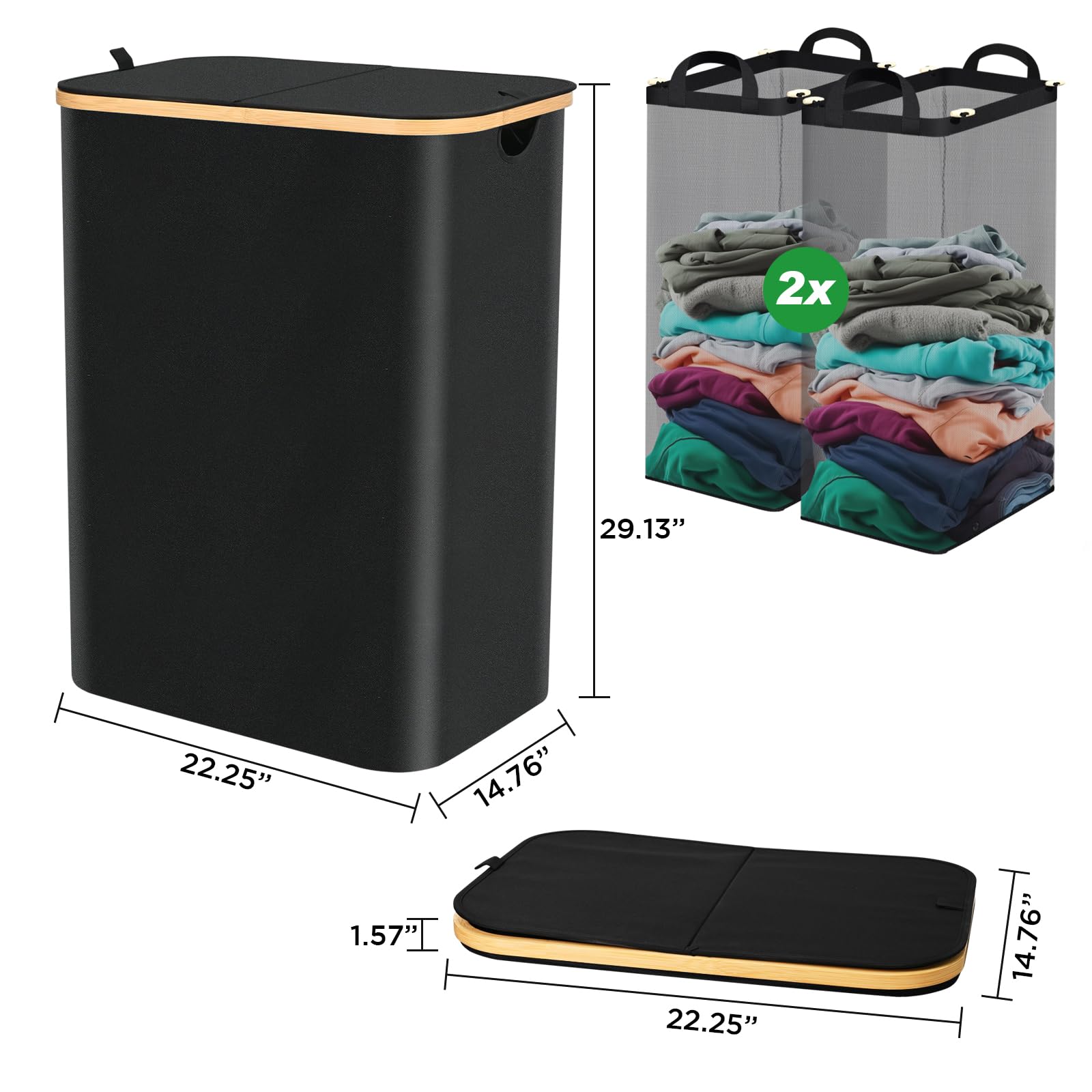 Ollieroo Laundry Hamper with Lid,Collapsible Laundry Basket,160L Large Capacity Laundry Bin with Handles, 2 Section Laundry Sorter with Removable Bags for Bathroom,Bedroom,Laundry Room,Black