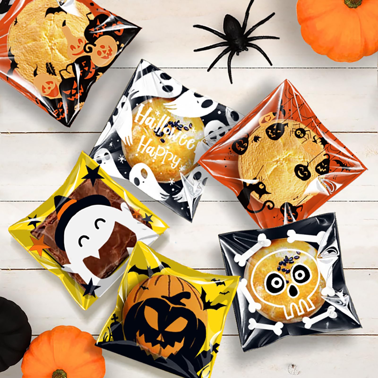 YVPSI 300pcs Halloween Treat Bags self Adhesive Candy Bag Halloween Cellophane Cookie Bags Halloween Goody Bags Snacks Gift Bags for Kids Halloween Candy Party Favors