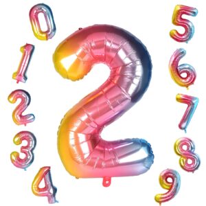 rubfac number balloons 40 inch large rainbow gradient number 2 balloon, 0-9 huge colorful digit foil mylar helium balloons for happy 2nd 12th 22nd 32nd birthday decorations baby shower party supplies