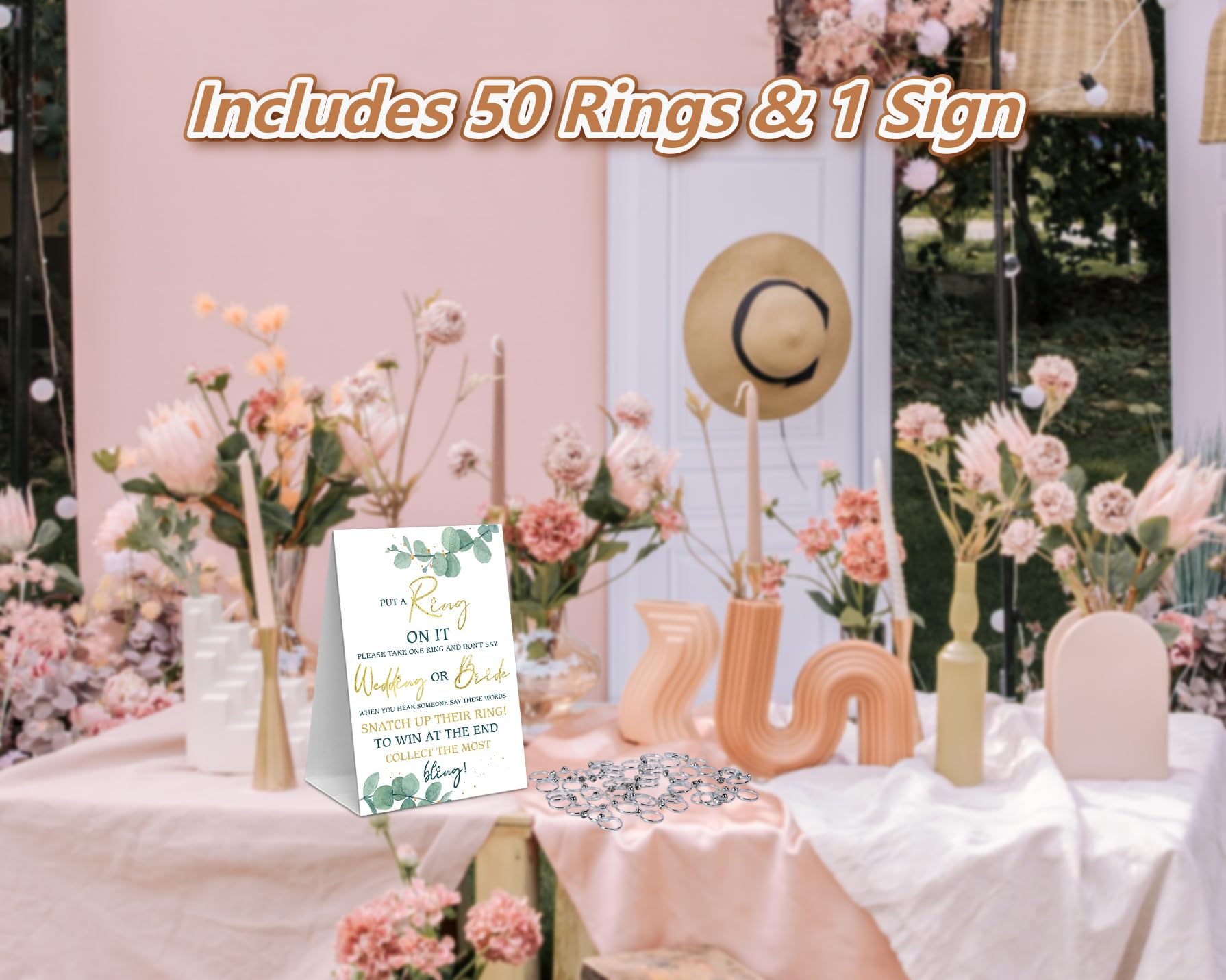 Eucalyptus Bridal Shower Theme Decorations,Put A Ring On It Game,Don't Say Bride Games,Bridal Shower Games,Wedding Shower,Engagement Party Games(1 Sign And 50 Plastic Diamond Rings)-1