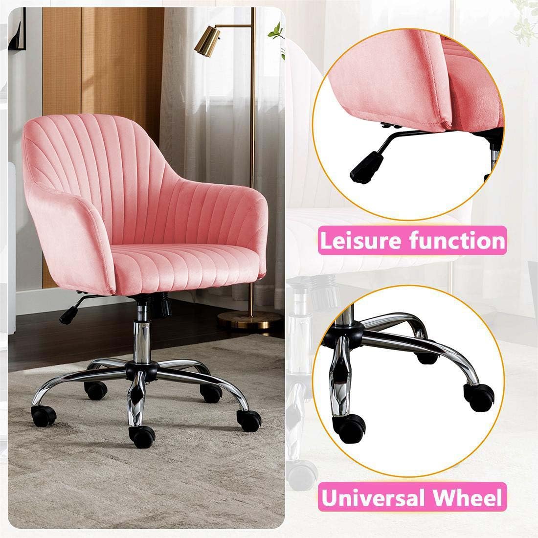 Anwickhomk Pink Vanity Desk Chair Comfy with Back and Wheels,Velvet Rolling Office Chair for Vanity Makeup Room,Height Adjustable,360 Swivel (Pink)