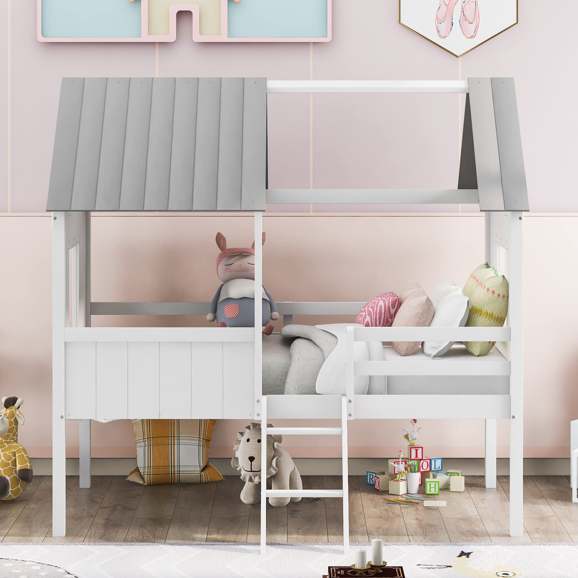 Twin House Bed for Kids Wood Low Loft Bed Frame with Windows and Roof, Easy Assembly, for Girls Boys (White+Gray)