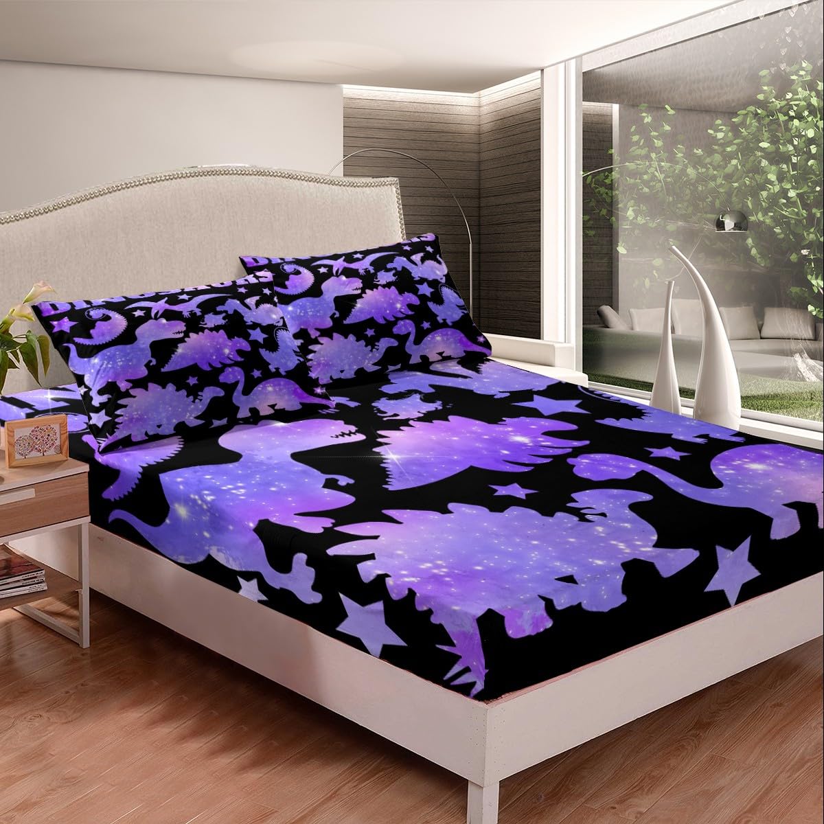 Full Size Dinosaur Bed Sheet Set Boys Girls 3D Dino Print Fitted Sheet for Kids Women Men Ultra Soft Purple Galaxy Animals Bedding Set Jungle Dino Bed Cover Room Decor