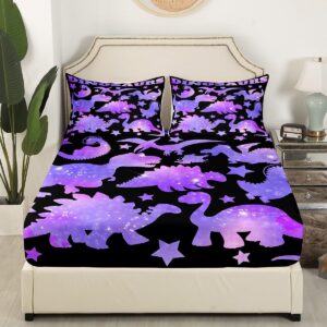 Full Size Dinosaur Bed Sheet Set Boys Girls 3D Dino Print Fitted Sheet for Kids Women Men Ultra Soft Purple Galaxy Animals Bedding Set Jungle Dino Bed Cover Room Decor