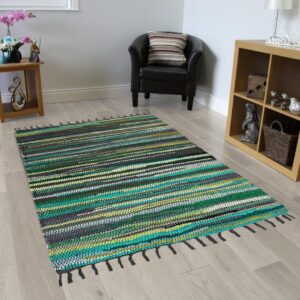 comfy-co handcrafted area rug chindi rug 3x5 ft - hand-woven cotton area rag rug - reversible floor rug for bedroom living room kitchen dorm entryway hallway - chindi area rug green multi