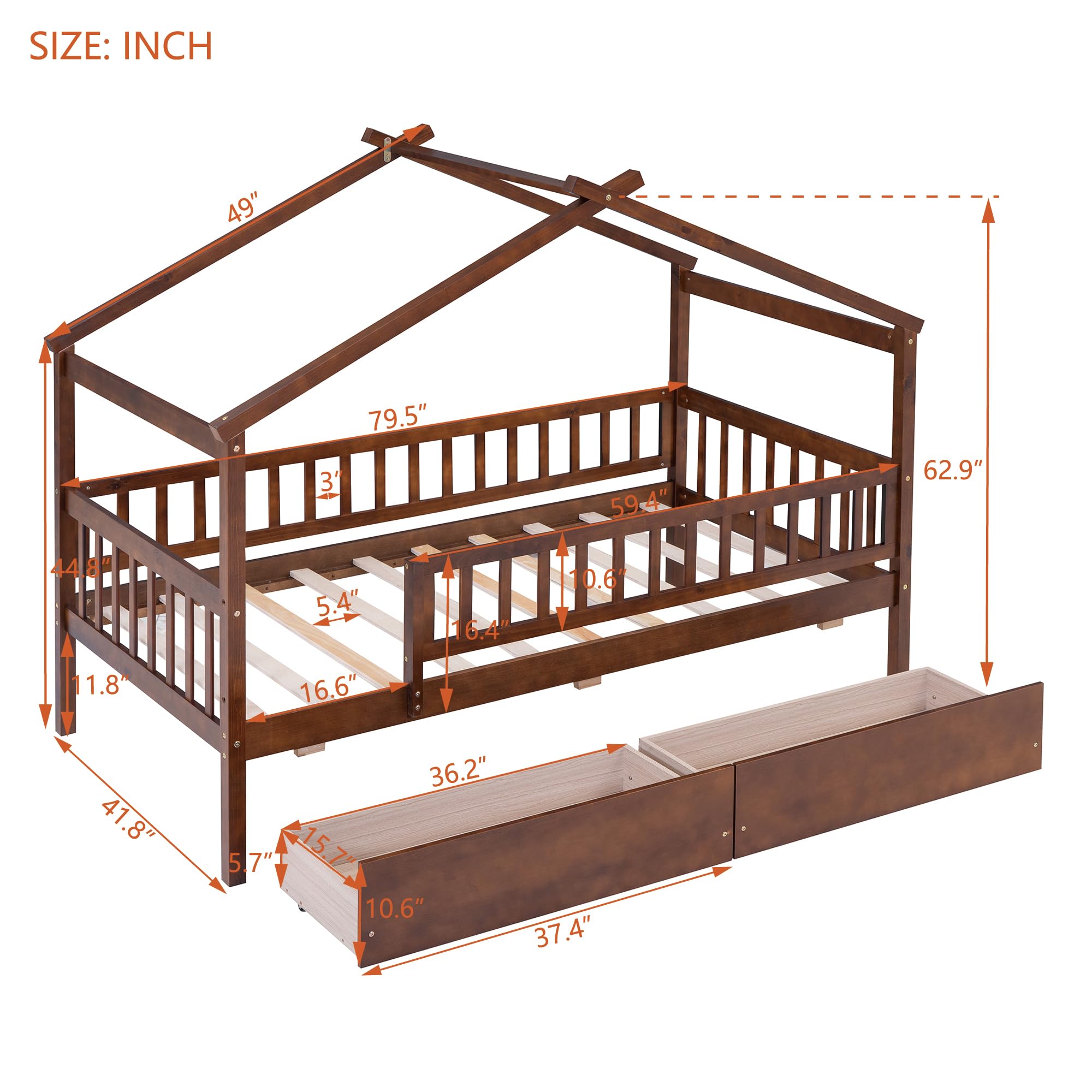 Harper & Bright Designs Twin Size House Bed for Kids, Wooden Twin Bed Frame with 2 Storage Drawers, Twin Montessori Bed with Roof & Rails Design for Girls Boys, Walnut