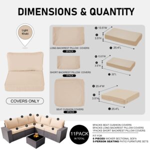 ClawsCover 11Pack Outdoor Seat and Back Cushions Replacement Covers Fit for 5-Seater 6Pieces Wicker Rattan Patio Furniture Conversation Set Sectional Couch Chairs,Light Khaki-Included Cover Only