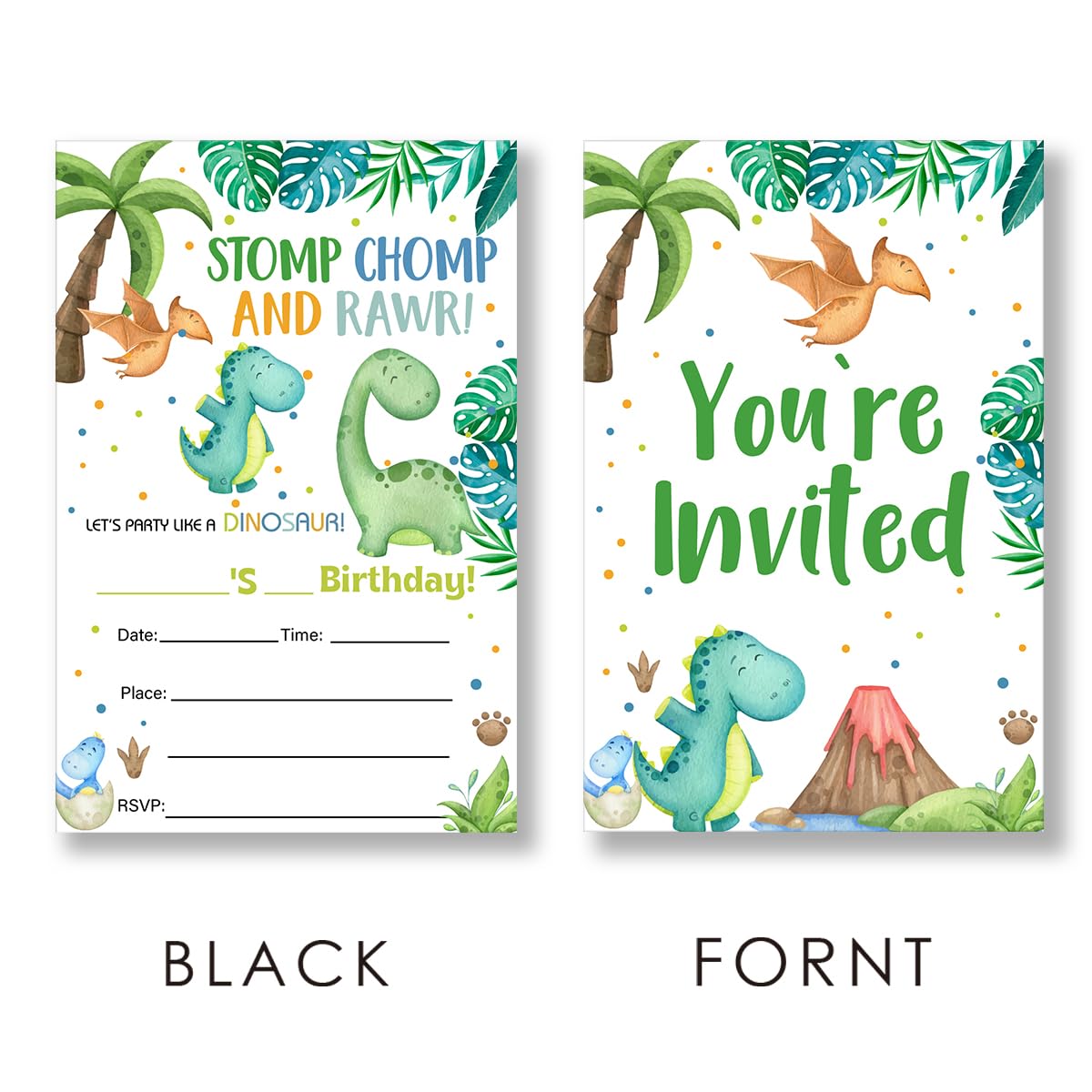 EUDOSI Dinosaur Birthday Party Invitations Supplies Fill-In Set of 20 with Envelopes Dino Theme Birthday Bash Invites Cards, Double Sided