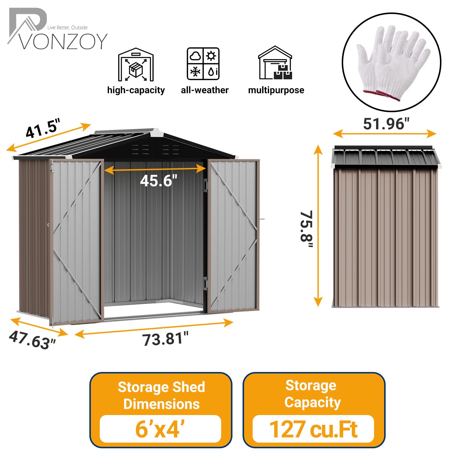 VONZOY 6'x4' Outdoor Storage Shed with Singe Lockable Door,Galvanized Metal Shed Suitable for The Garden,Tiny House Storage Sheds Outdoor for Backyard Patio Lawn，Brown