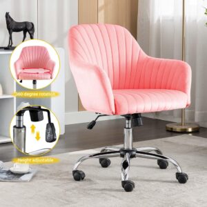 Anwickhomk Pink Vanity Desk Chair Comfy with Back and Wheels,Velvet Rolling Office Chair for Vanity Makeup Room,Height Adjustable,360 Swivel (Pink)