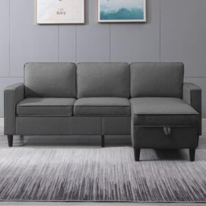 mjkone 78“ sectional sofa couch for living room | convertible linen sofa chaise with reversible storage ottoman | modern modular sofa with 2 side pockets | small sofa for small places (dark grey)